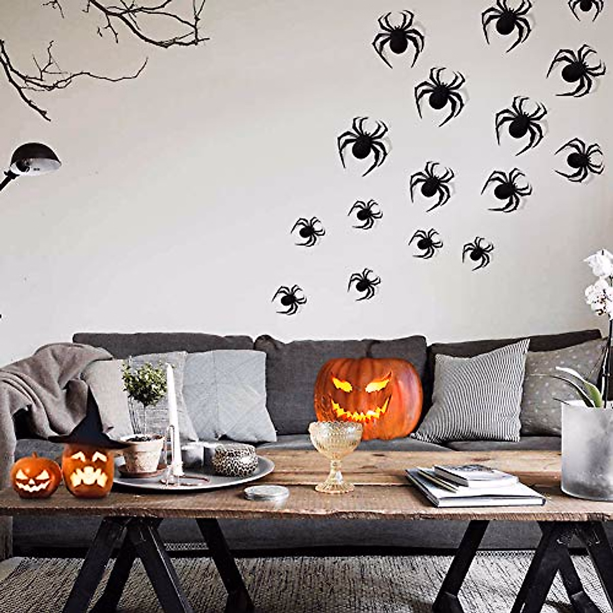 Halloween Home Decorations, 60 PCS 3D Large Spider, Realistic PVC Spider Stickers for Halloween Eve Party Supplies, DIY Scary Room Wall and Window Decor