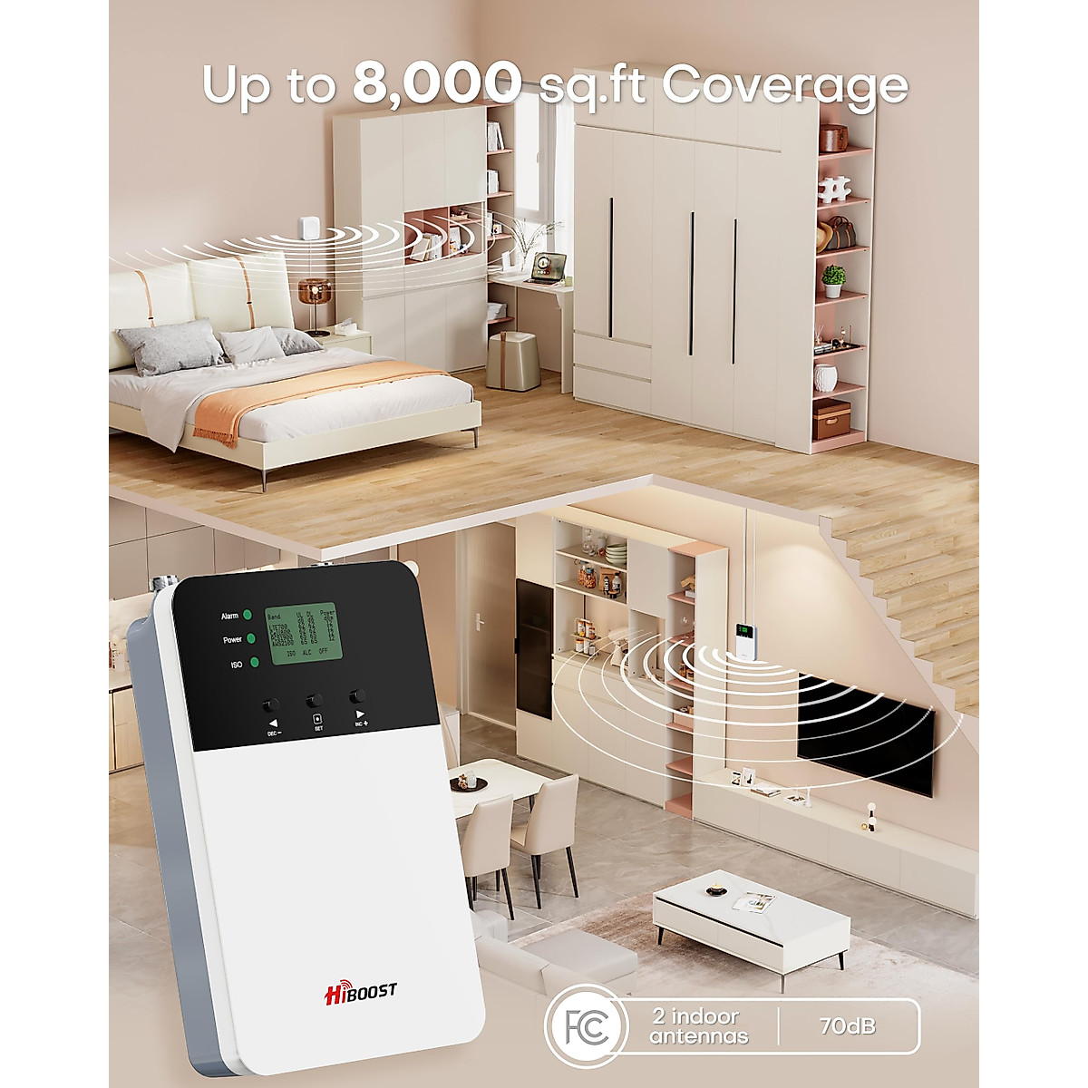 Cell Phone Booster for Home Office, Cover 8000 sq ft with 2 Indoor Antennas for All US Carriers, Cell Phone Signal Booster for Destination RV 4G 5G LTE Verizon AT&T T-Mobile APP Support FCC