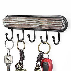 MyGift Decorative Wall Mounted Torched Wood Entryway Coat Rack and Key Holder Rack with 5 Hooks and Black Metal Frame