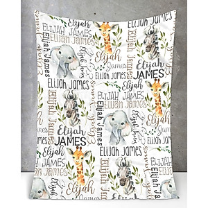 Personalized Baby Boy Blanket, Custom Name Boy Blanket, Safari Animal Print Blanket, Baby Name Repeat Blanket, Elephant Giraffe Ze King