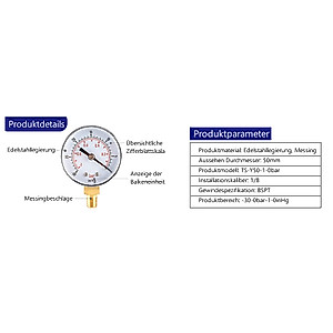 Fafeicy Vacuum Gauge, -1-0Bar -30-0inHg 50mm 1/8 BSPT Bottom Connection for Air Water Oil