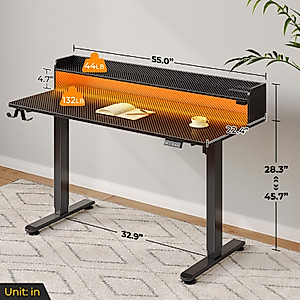 Rolanstar Standing Desk with LED Lights & Charging Station, 55" Height Adjustable Desk with Monitor Stand, Electric Gaming Desk with 2 Hooks, Sit Stand Home Office Desk, Carbon Fiber Surface Black