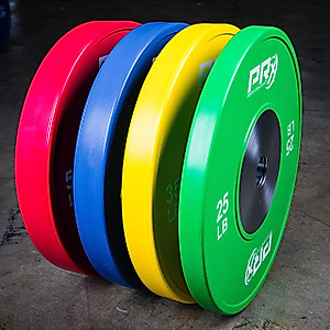 PRx Performance Color Elite Bumper Plate Pairs, Steel Center Insert with 2" Sleeve Hole, Minimal Bounce (45lb Pair)