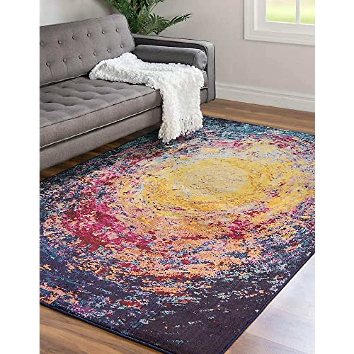 Unique Loom Estrella Collection Abstract, Gradient, Modern, Sunburst, Distressed Area Rug, 6 x 9 ft, Multi/Navy Blue