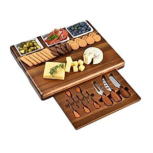 Shanik Upgraded Acacia Wood Charcuterie Board Set with 3 Removable Ceramic Bowls and Serving Utensils - Ideal for Hosting Elegant Parties and Entertaining Guest (Without Engraving)