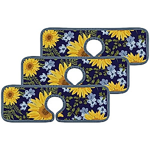 Kitchen Faucet Absorbent Mat 3 Pieces Sunflowers Navy Vintage Foliage Faucet Sink Splash Guard Bathroom Counter and RV,Faucet Counter Sink Water Stains Preventer