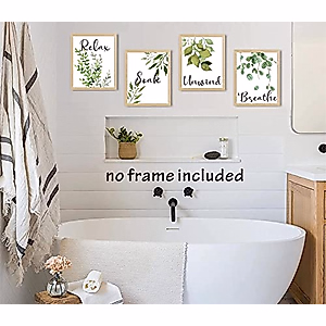 Nelly Story Relax Soak Unwind Breathe Green Leaf Bathroom Wall Decor Set of 4 Washroom Toilet Decor Botanical Art Prints Green Leaves Poster Green Bathroom Art Eucalyptus Wall Decor (8x10inch) Unframed
