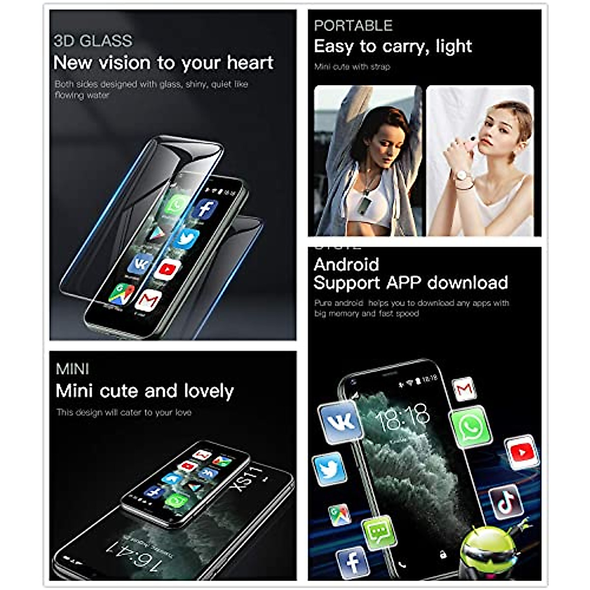 SOYES XS11 3G Mini Smartphone 2.5Inch WiFi GPS China Mobile RAM 1GB ROM 8GB Quad Core Android Cell Phones 3D Glass Slim Body HD Camera Dual Sim Google Play Cute Smartphone (Black)