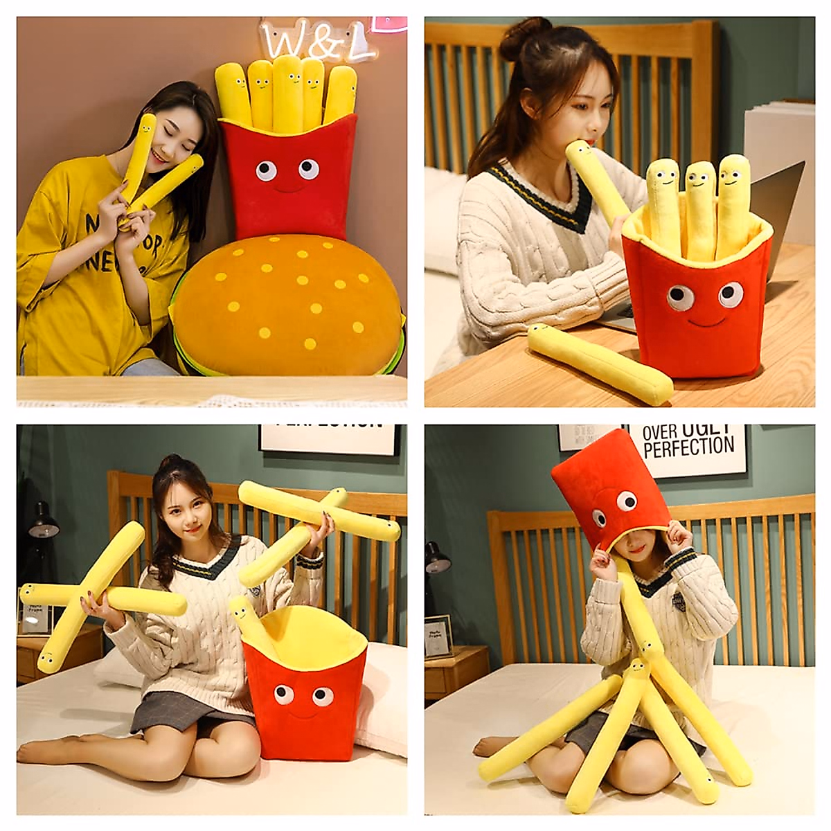 OPHRBU 12inch Hamburger Plush Pillow Funny Hamburger Bread Stuffed Pillow Soft Food Plushie Throw Pillow Stuffed Animal Toy for Kids Adults Gift Home Decor. (French Fries)