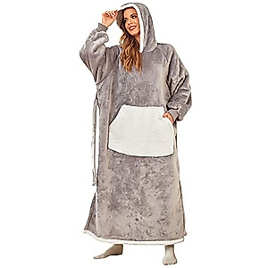 Jezero Wearable Blanket Hoodie Oversized, Flannel Sherpa Fleece Blanket Sweatshirt for Adults Women Men with Hood, Belt, Pocket & Sleeves, One Size Fits All