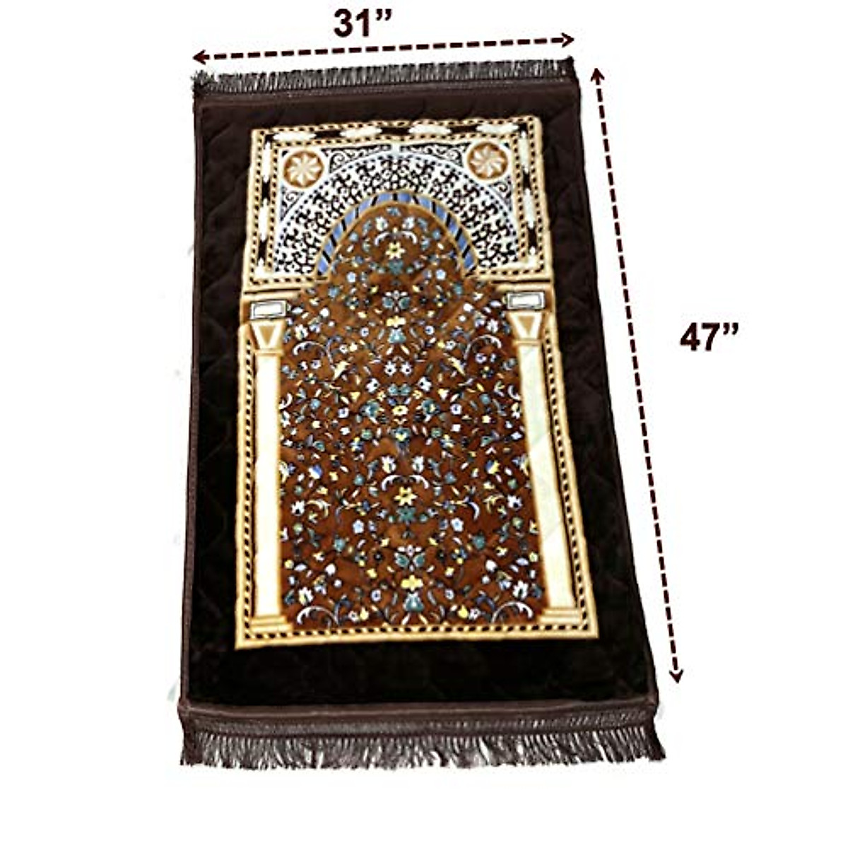 Eid Gift Premium Luxury Ultra-Soft Prayer Rug Seccade Sajjada Soft for Knees Ankles Prayer Carpet Mat with Non-Slip underlayment Free Bag + Free Prayer Beads Tasbih Rug Size 47"x31" (Brown)