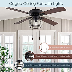 RIVER OF GOODS Industrial LED Ceiling Fan - 52" L x 52" W - Caged Ceiling Fan with Lights - Rich Barnwood/Black Fan Blades