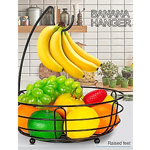 Bextcok 2 Tier Fruit Basket, Vegetables Fruit Bowl Storage with Banana Holder Hanger Hook Stand Organizer for Kitchen Countertop Counter, Black