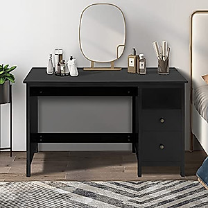 Vikiullf Writing Desk with Storage Cabinet - 47.2” Black Modern Wood Home Office Computer Desk with 2 File Drawers & Open Shelf Study Table for Teens