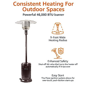 Amazon Basics 46,000 BTU Outdoor Propane Patio Heater with Wheels, Commercial & Residential, Havana Bronze, 32.1 x 32.1 x 91.3 inches (LxWxH)