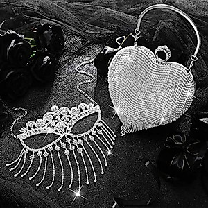 Amylove Heart Shape Tassel Evening Clutch Bag Silver Masquerade Tassel Mask Chain for Women Rhinestone Purse Face Jewelry for Wedding Party Cosplay