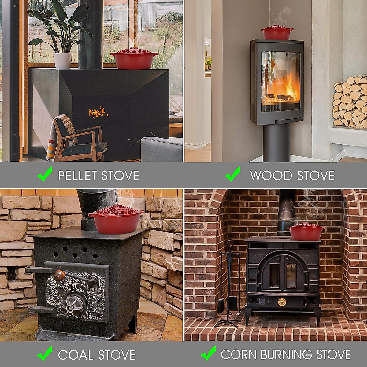 STBoo Wood Stove Steamer: Cast Iron Fireplace Humidifier | Indoor Pot for Home Heating | Bowl Fireplace Stove Covers Accessories Decorative | Matte Finish & Rust Resistan & 2.7 Quart, Red