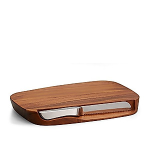 nambe Blend Bread Board with Knife | Made of Acacia Wood and Stainless Steel | Wooden Board with Serrated Knife for Cutting Fresh Bread | Designed by Neil Cohen
