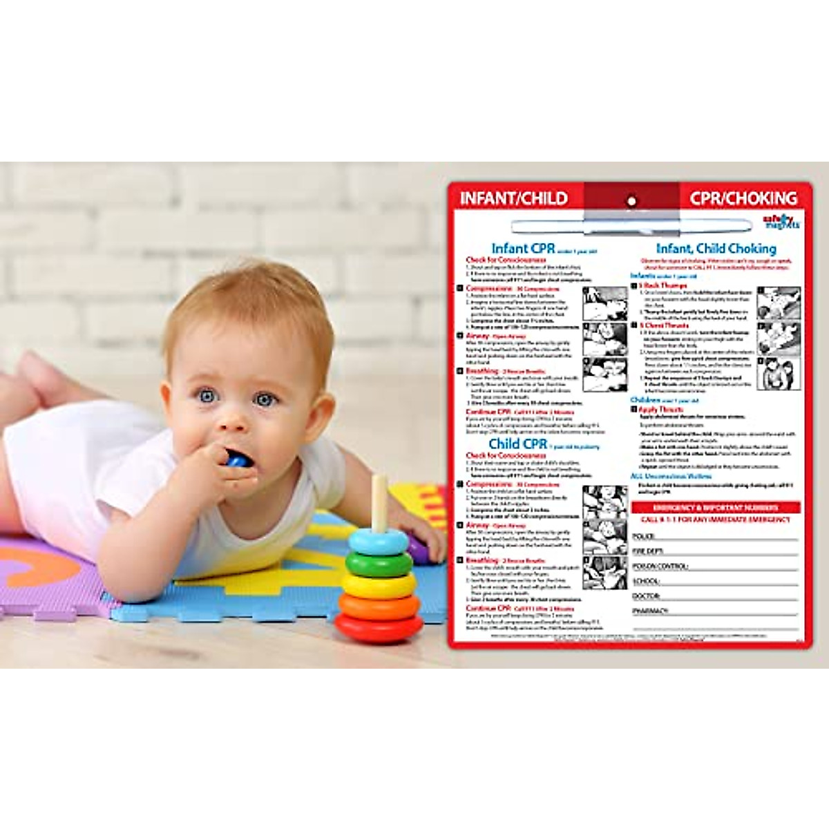 Infant and Child CPR and Choking Magnet - First Aid Quick Reference Card for Children - Emergency Phone Numbers - Laminated with Magnets, Marker - 8.5 x 11 in.
