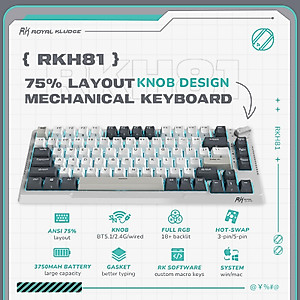 RK ROYAL KLUDGE H81 Hot Swappable Mechanical Keyboard, Triple Mode 2.4Ghz/BT5.1/USB-C Knob Control Wireless Gaming Keyboard Gasket Mounted with RGB Backlit SkyCyan Switch, 75% Layout 81 Keys, White