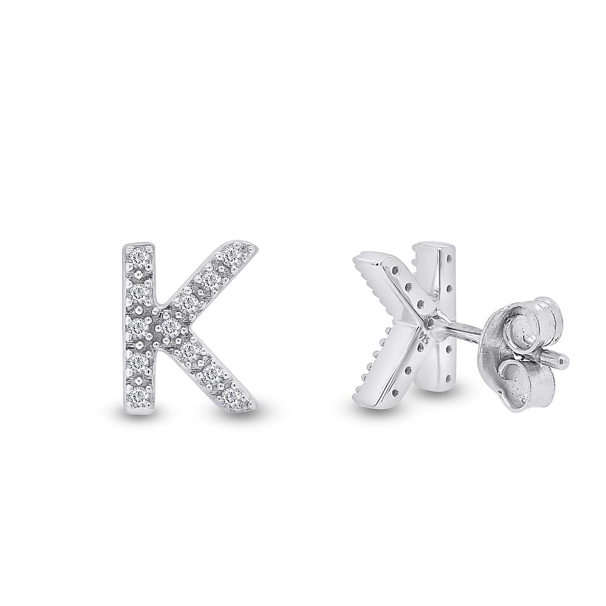 1/10 Carat Round White Natural " Diamond Alphabet Initial Letter "K " Diamond Stud Earrings In 14k White Gold Over Sterling Silver (0.1 Cttw)