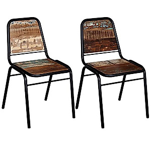 GOLINPEILO 2 pcs Antique-Style Wooden Dining Chairs with Powder-Coated Steel Frame, Vintage-Style Chairs Solid Reclaimed Wood, 17.3" x 23.2" x 35"