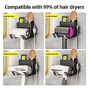 UEMUSI Hair Dryer Holder Wall Mounted,Self Adhesive Hair Tool Organizer Storage Blow Dryer Holder Rack for Hair Dryer Stand with Plug Hook,Hair Styling Care Tool Organizer for Bathroom Black