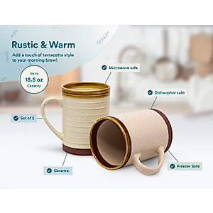 KooK Coffee Mug Set, Ceramic, Rustic Tan Brown, Terracotta Mugs, Microwave Safe, Speckled Finish, Use for Diner, Kitchen, Soup and Tea, 18.5 oz, Set of 2