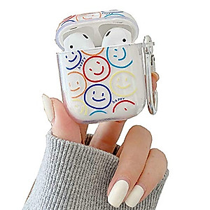 Airpods Case Cover,JANDM Cute Double Side Smiley Face Clear Soft Silicone Smooth Shockproof with Keychain Girls Kids Women airpods smiley face Case for Airpods 2 & 1 Charging Case Cover