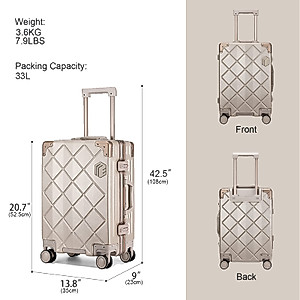 Somago Carry On Luggage with Spinner Wheels 20in Lightweight Suitcase Built in TSA Aluminum Frame PC Hardside Rolling Suitcases Travel Case (Titanium Gold)