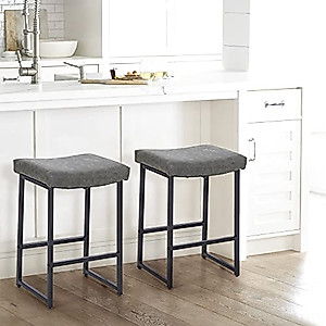 MAISON ARTS Grey Bar Stools Set of 2 Counter Height 24 Inches Saddle Stools for Kitchen Counter Backless Modern Barstools Upholstered Faux Leather Stools Farmhouse Island Chairs, Grey, 2pcs