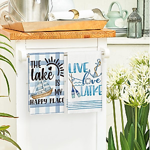 Artoid Mode Buffalo Plaid Stripes Anchors Lake Summer Kitchen Towels Dish Towels, 18x26 Inch Seasonal Decoration Hand Towels Set of 4