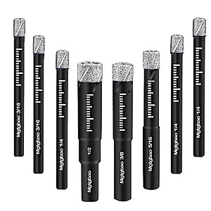 Mgtgao 8pc Black Dry Diamond Drill Bits Set for Granite Ceramic Marble Tile Stone Glass Hard Materials (not for Wood), Round Shank 3/16”, 1/4”, 5/16”, 3/8”, 1/2 ” with Storage Case