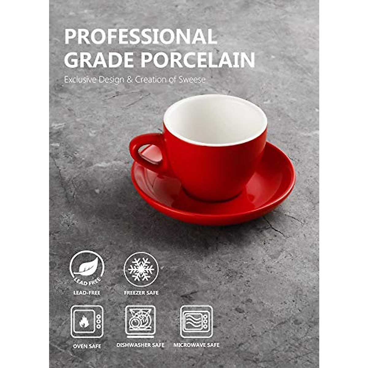 Sweese 402.404 Espresso Cups with Saucers, 4 Ounce Demitasse Cups, Perfect for Single or Double Espresso, Cappuccino, Latte and Tea - Set of 4, Red