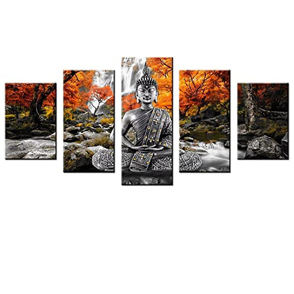 AWLXPHY Decor Buddha Waterfall Wall Art Canvas Painting Framed 5 Panels for Living Room Decoration Modern Landscape Buddha Trees Zen Stretched Artwork Giclee (Yellow, 60"x30")