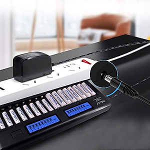 16 Bay Smart Battery Charger LCD Display for 1.2V AA/AAA NiMH/NiCd Rechargeable Batteries with Built-in IC Protection & AC Wall Adapter (Upgraded Charger White/Blue Screen)