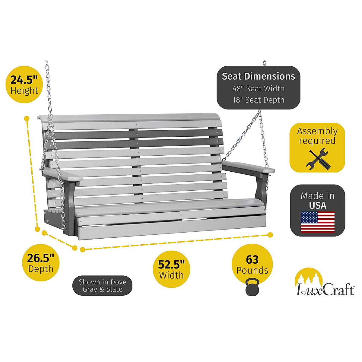 LuxCraft 4' Plain Poly Rollback Porch Swing (White)