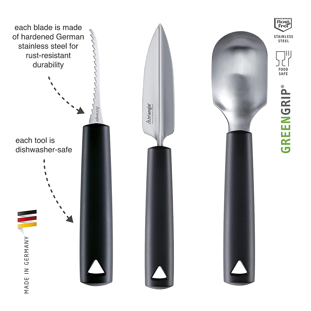 triangle Three-Piece Pumpkin Carving Set - Includes Stainless Steel Carving Saw, Angle Cutter & Scooper - GreenGrip Handle - Dishwasher Safe - Made in Germany