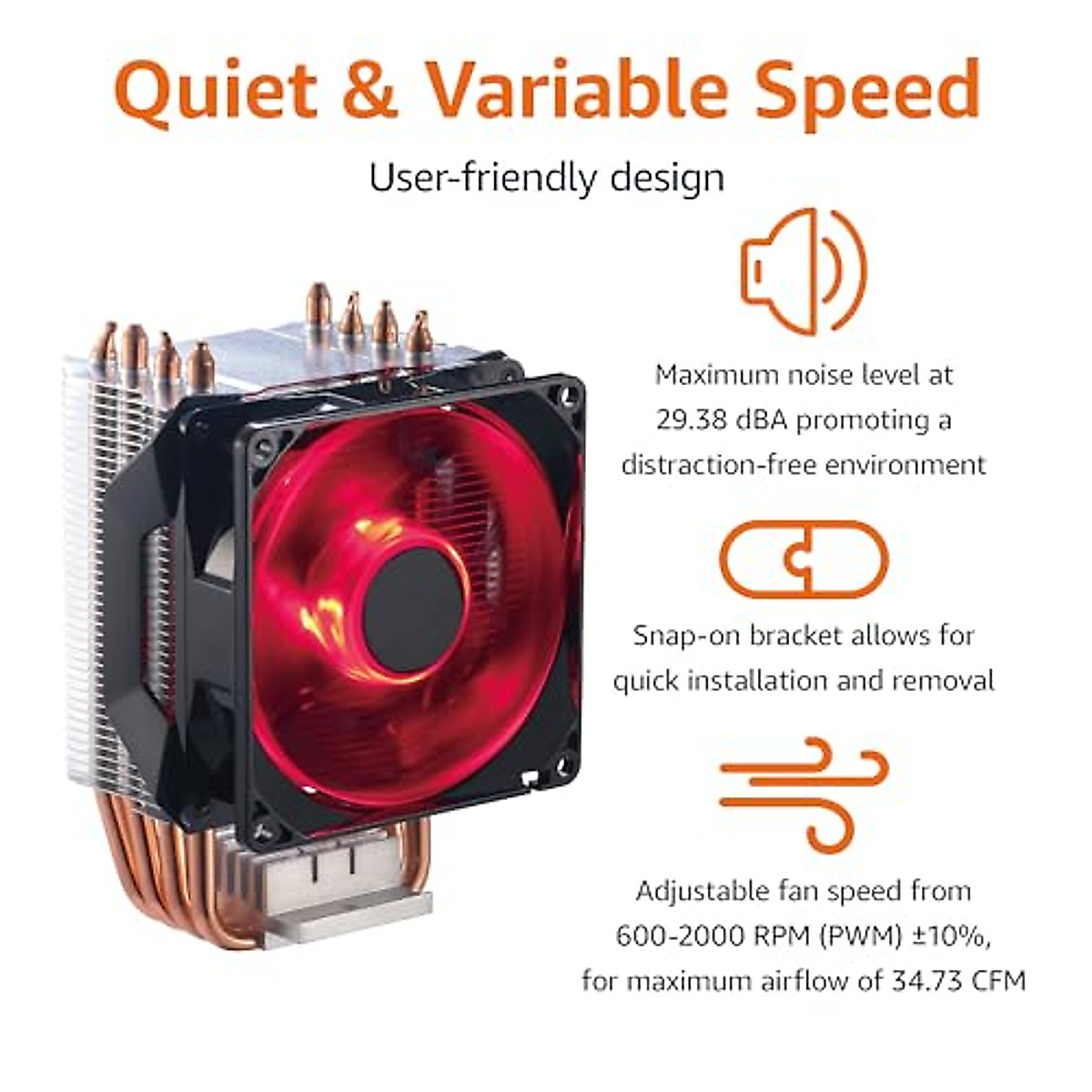 Amazon Basics Computer Cooling Fan with Cooler Master Technology, CPU Air Cooler, 4 Heat Pipes, RGB LED PWM, ‎4.02 X 3.28 X 4.96 Inch, Aluminum Fins