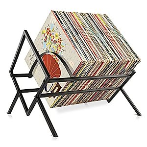MOVNO Vinyl Record Storage Organizer, Record Player Holder Stand to Display 80-100 LPs, Albums, Books, Magazines (Metal Black)