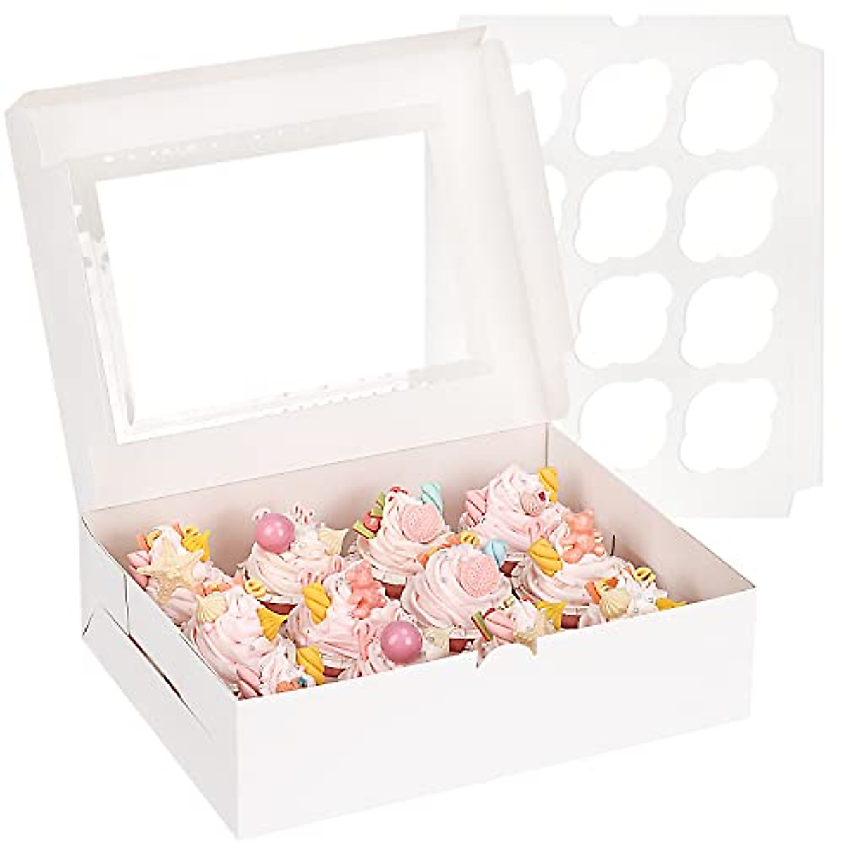 Moretoes Cupcake Boxes 15 Packs White Cupcake Containers 12 Count with Windows and Inserts to Fit Muffins, Cupcake Carrier for Cookies