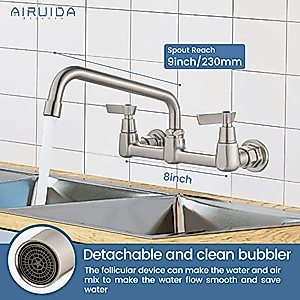 Airuida Brushed Nickel Wall Mount Commercial Kitchen Faucet Wall Mounted Kitchen Sink Faucet 8 Inches Center 8 Inches Swivel Spout Utility Sink Faucets 2 Handle Restaurant Laundry Tap