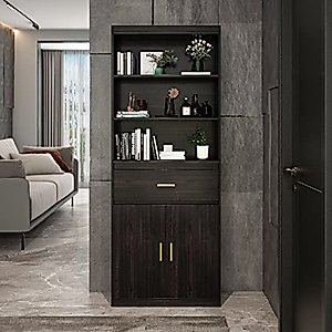 AIEGLE Tall Bookcase Storage Cabinet with Drawer & 3-Tiers Shelf, Wooden Bookshelf Display Cabinet with 2 Doors for Living Room Office, Dark Walnut (23.6" W x 11.8" D x 70.8" H)
