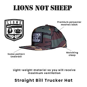 Lions Not Sheep Hat (Camo) - Mesh Back Baseball Cap - 5 Panel Trucker Cap - Trucker Hats for Men and Women - Adjustable Snapback Mesh Hat for Hiking & Fishing