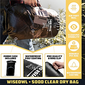 Wise Owl Outfitters Waterproof Dry Bag Backpack - Thick, Durable Water Bag for Kayaking, Camping, Boating, Beach and Outdoor Water Sports - Black Clear, 5L