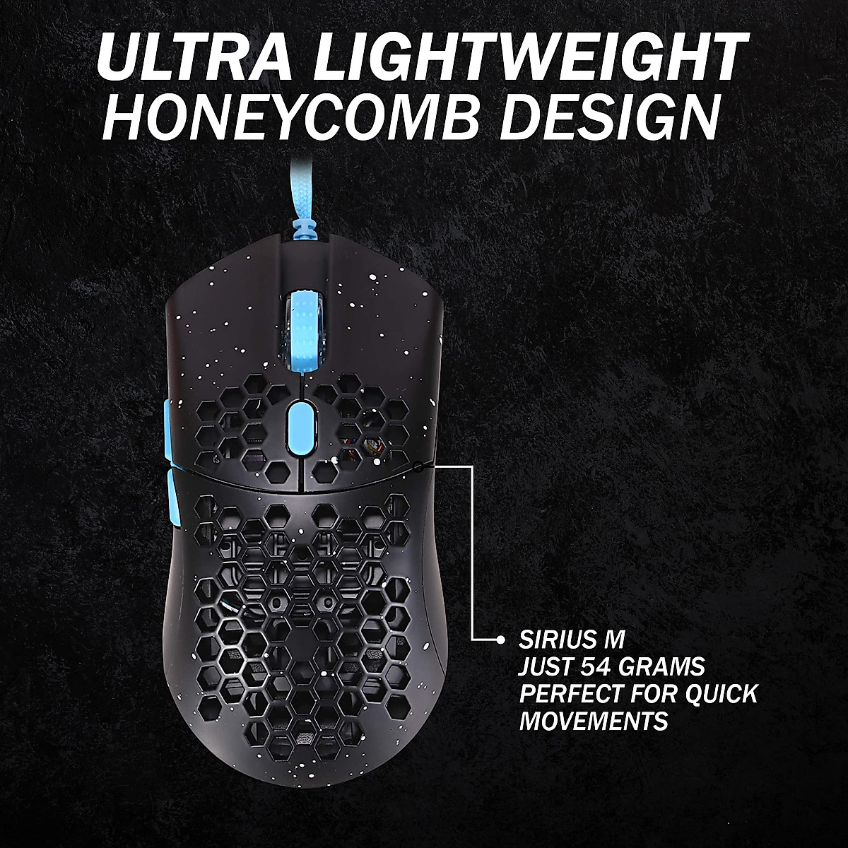 HK Gaming Sirius M Ultra Lightweight Honeycomb Shell Gaming Mouse | 54 Grams | 12000 cpi | USB Wired | 6 programmable Buttons | On-Board Memory | Anti Slip Grips | Sirius-M 12000cpi Phantom