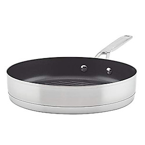 KitchenAid 3-Ply Base Brushed Stainless Steel Nonstick Round Grill Pan/Griddle, 10.25 Inch