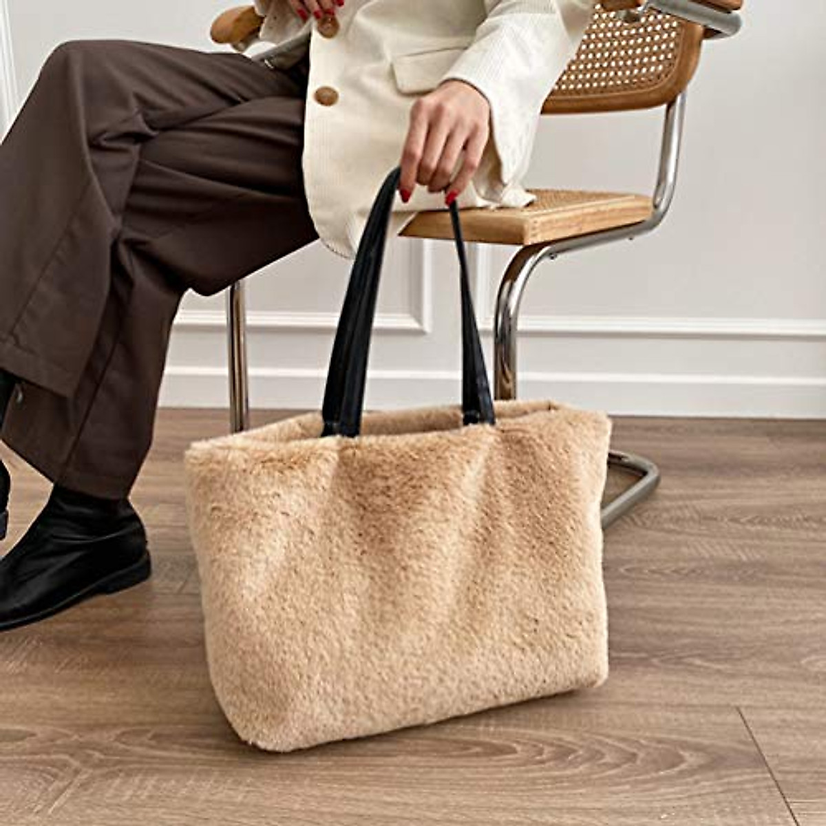 VALICLUD Large Work Tote Large Faux Fur Handbag Plush Bucket Tote Hobo Bag Oversize Fuzzy Fluffy Handle Satchel Fashion Shoulder Bag for Women Womens Laptop Tote