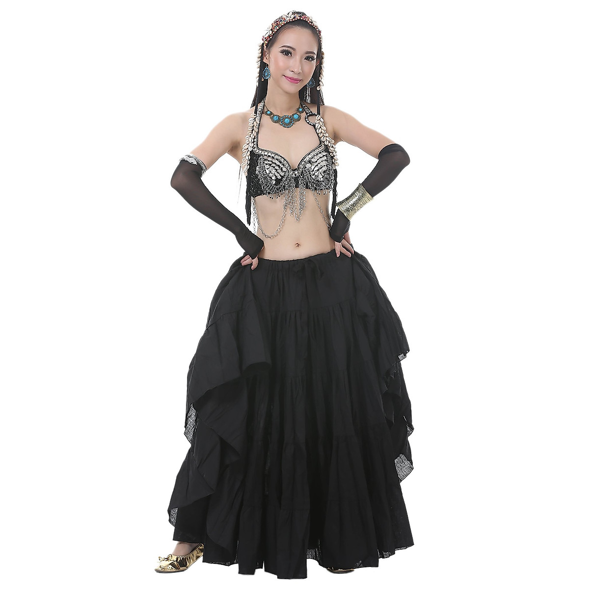 Astage Woman Belly Dance Full Circle Maxi Trible Skirts Linen Bohe Dress Black
