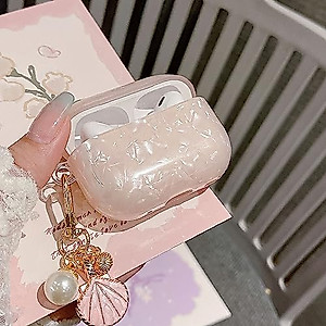 PHOEACC Cute Airpod Pro 2 Case (2022) with Glitter Shell Pearl Keychain Marble Hard TPU Protective Cover Compatible with AirPods Pro 2nd Generation Case for Girls Teens Women (Pink)